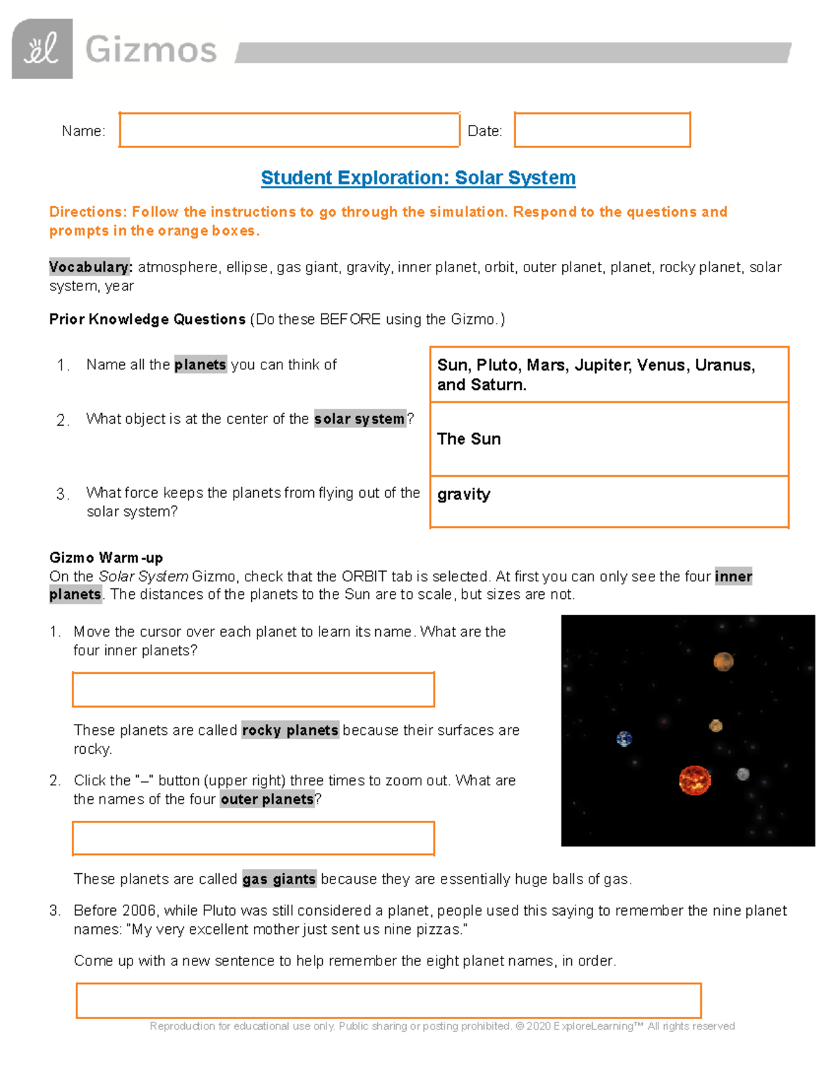 Exploration Activity: Solar Systems Gizmo (Final Exam Preparation ...