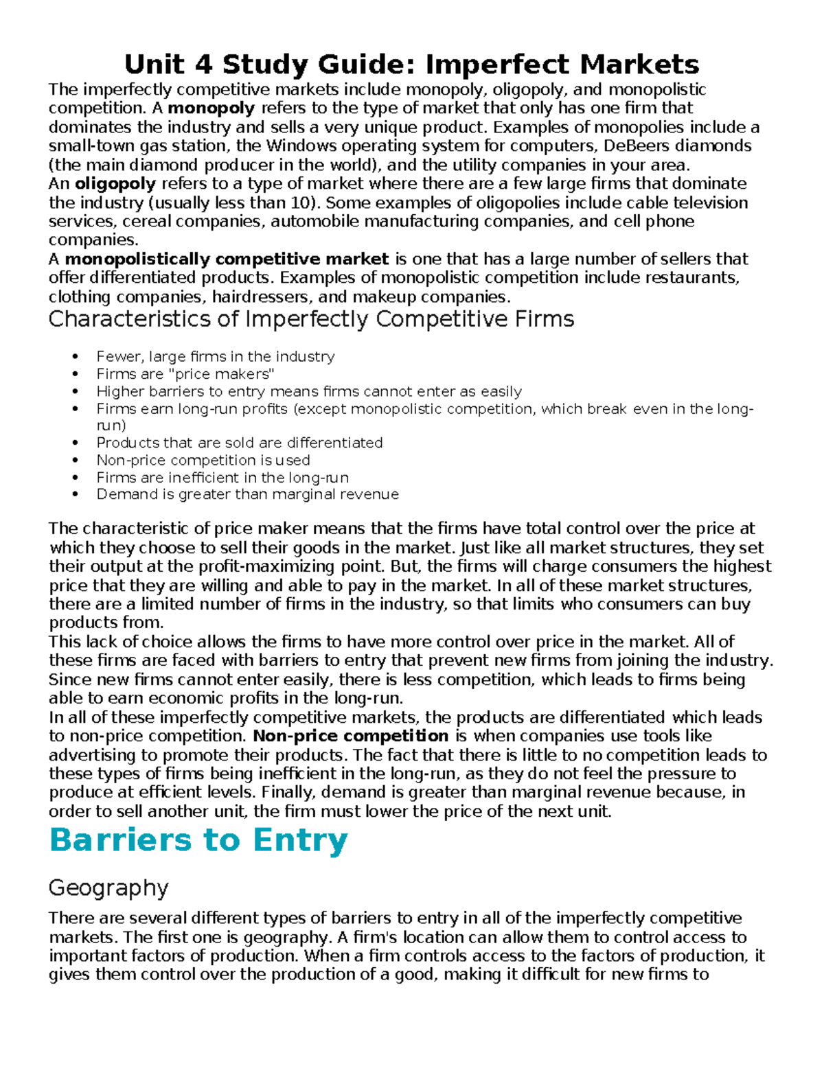 Unit 4 Study Guide: Monopoly & Oligopoly Market Structures Insights ...