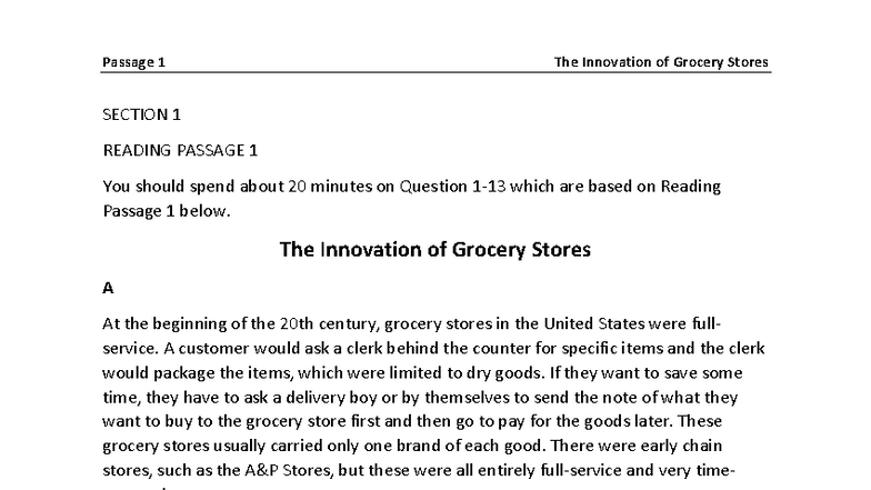 Passage 1: The Innovation of Grocery Stores - Reading Comprehension ...
