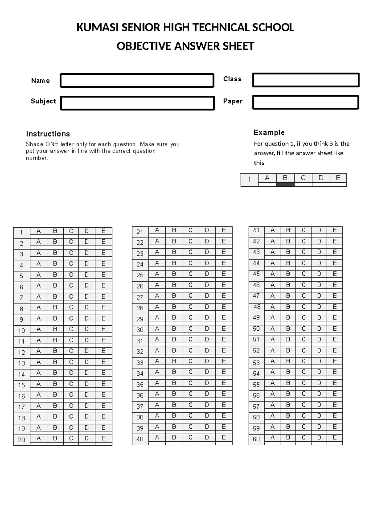KUMASI SENIOR HIGH TECH OBJECTIVE ANSWER SHEET - FORM 2 - Studocu