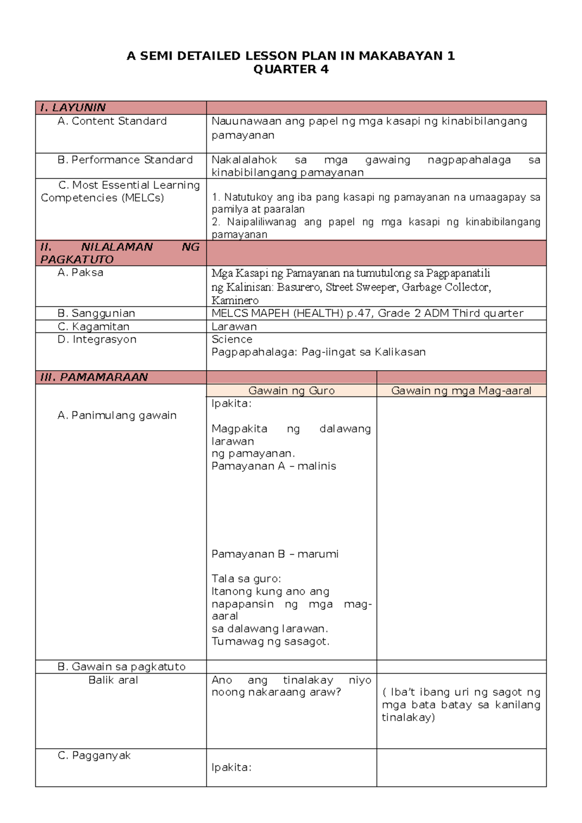 Semi-Detailed Lesson Plan in Makabayan 1 Q4: Community Roles and Values - Studocu