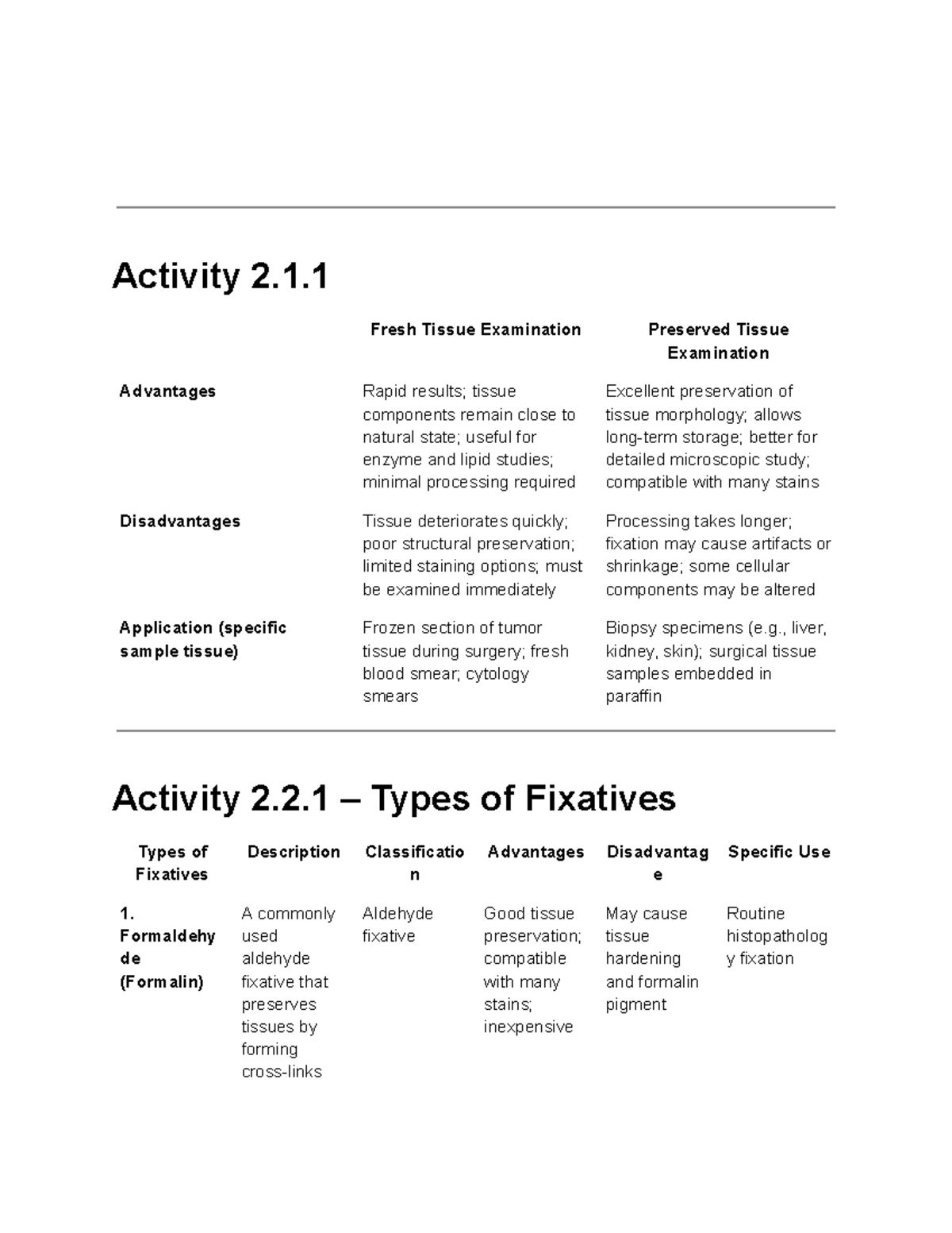Histopathology Tables: Fresh Tissue & Fixatives Overview (CHEM) - Studocu