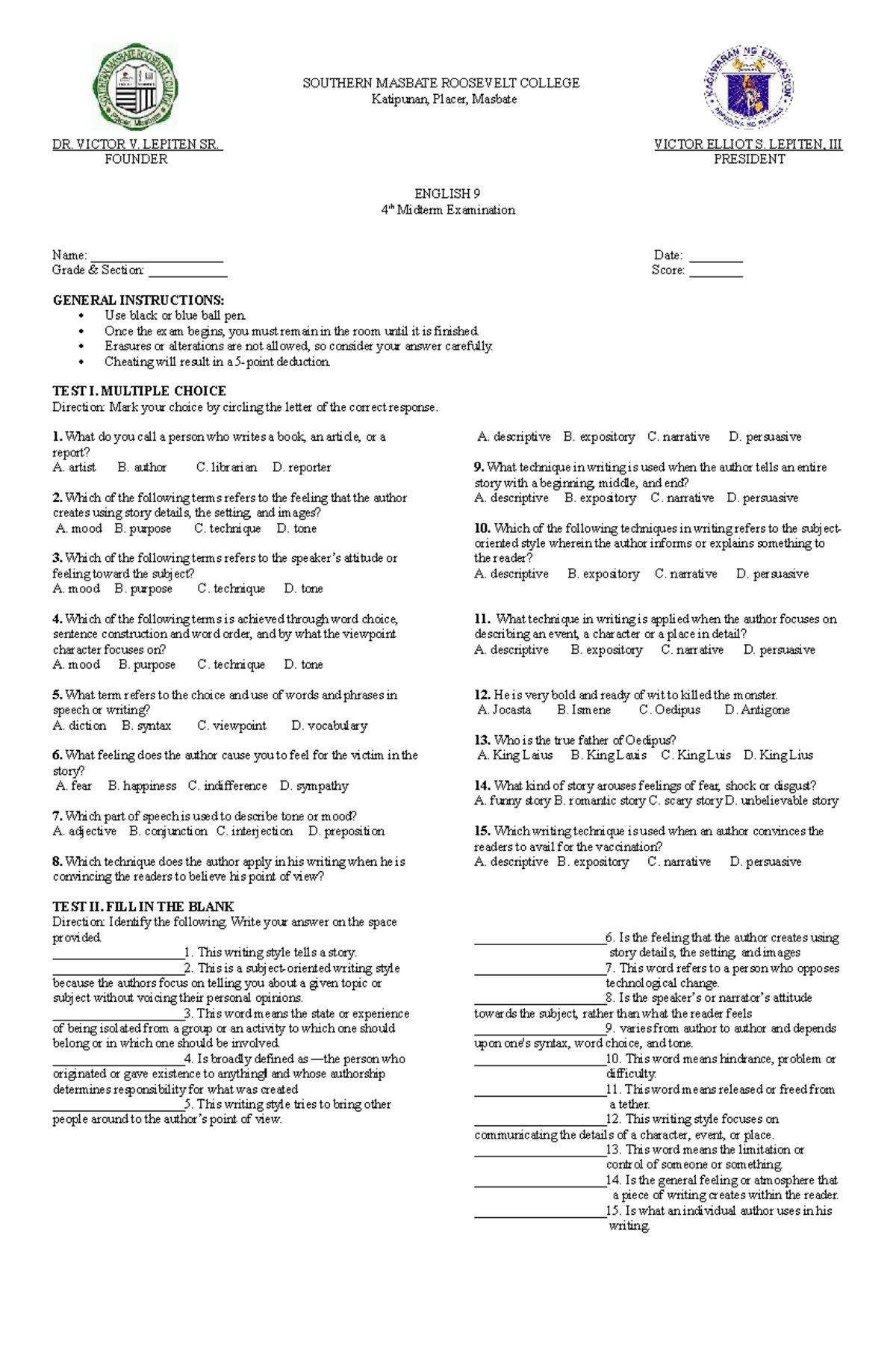 ENGLISH 9 4th Midterm Exam Review and Practice Questions - Studocu