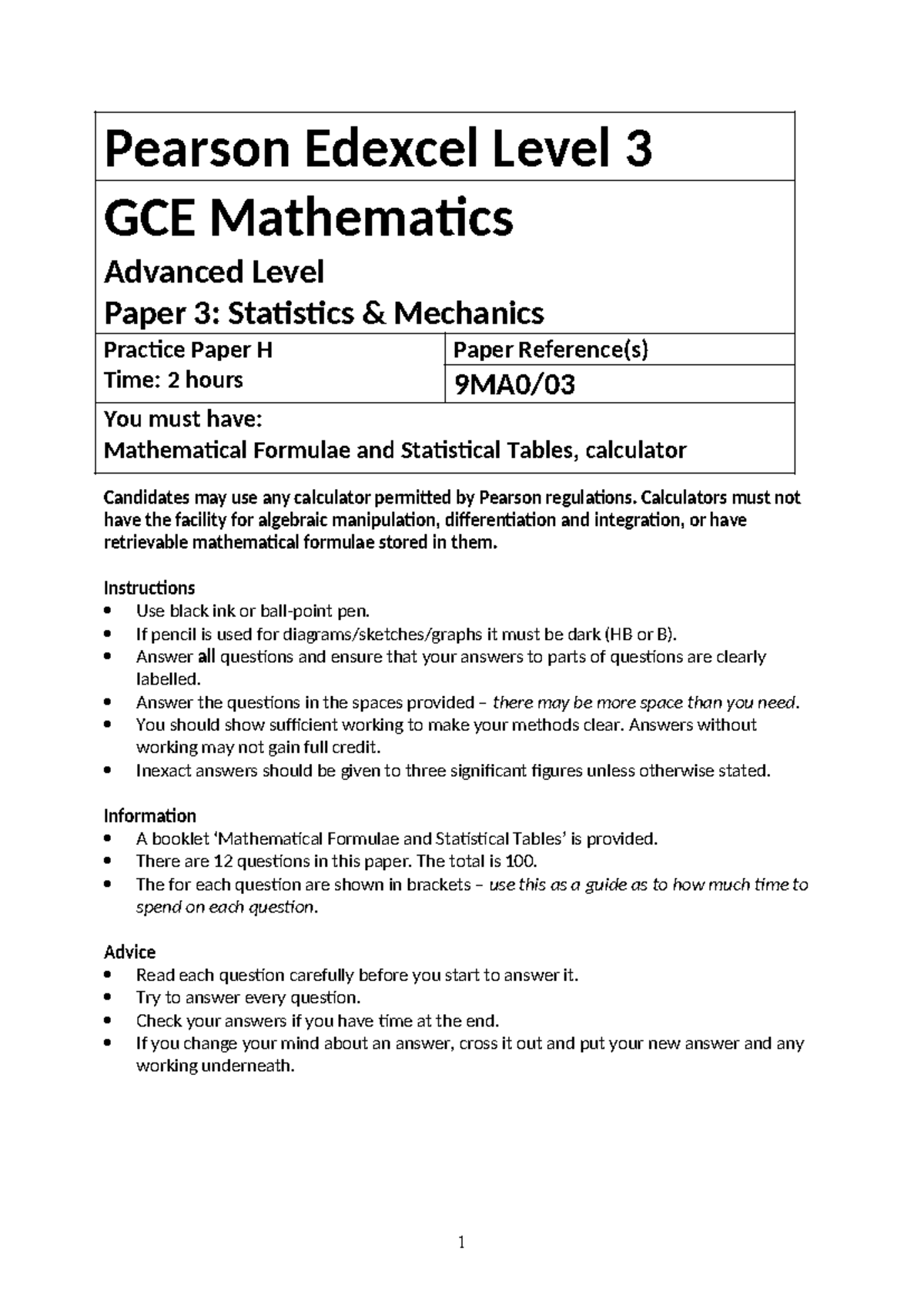 08A A Level Maths Practice Paper H – Statistics & Mechanics - Studocu