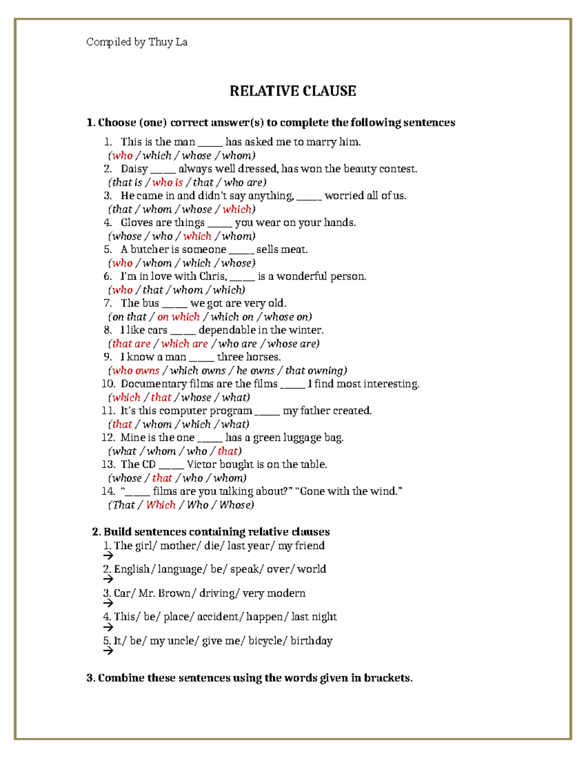 RELATIVE CLAUSE Exercises - Compiled by Thuy La - Studocu