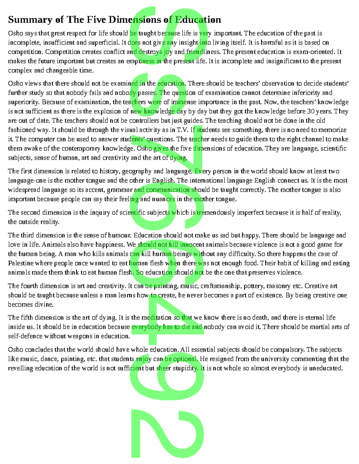 Ss766492 Summary & Q&A on Osho's Five Dimensions of Education - Studocu