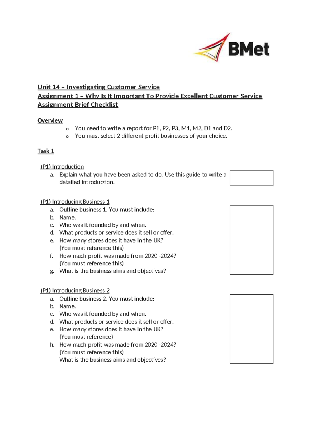 Unit 14: Customer Service Report Assignment Brief Checklist - Studocu