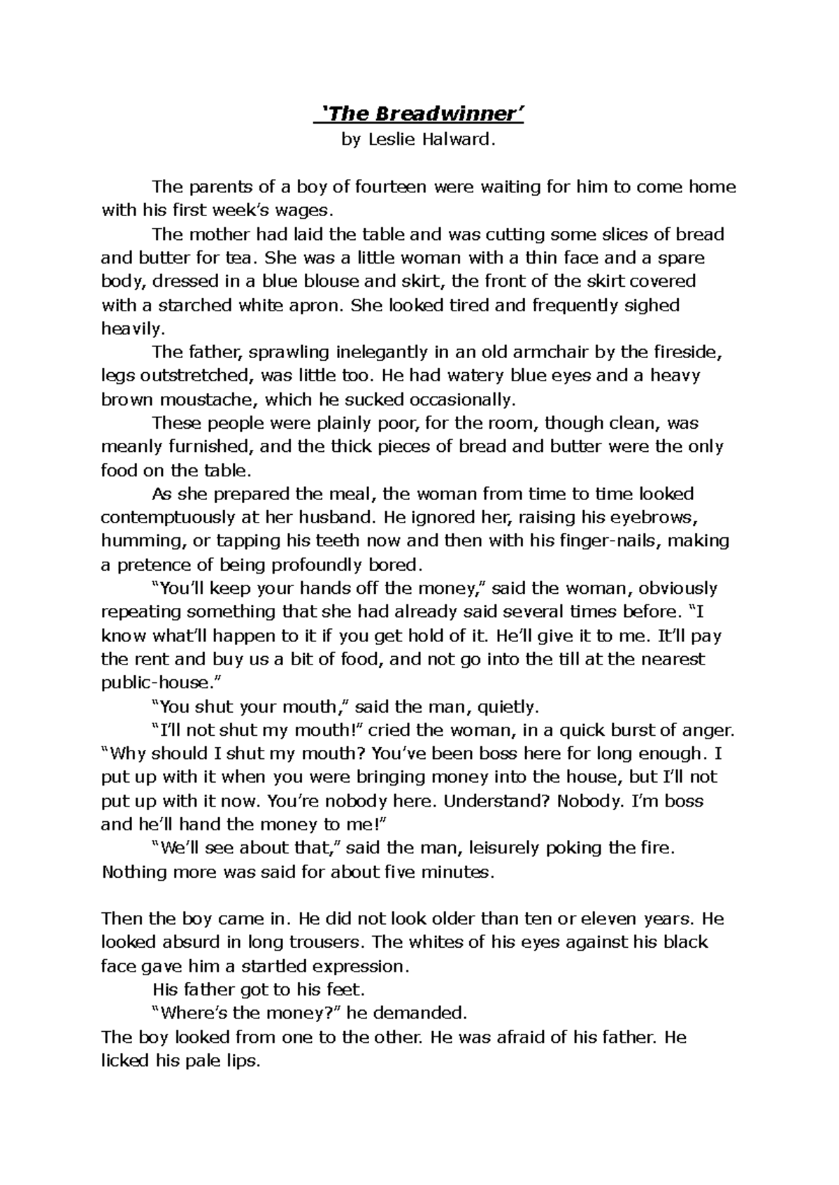 ‘The Breadwinner’ by Leslie Halward - Character Analysis and Themes ...