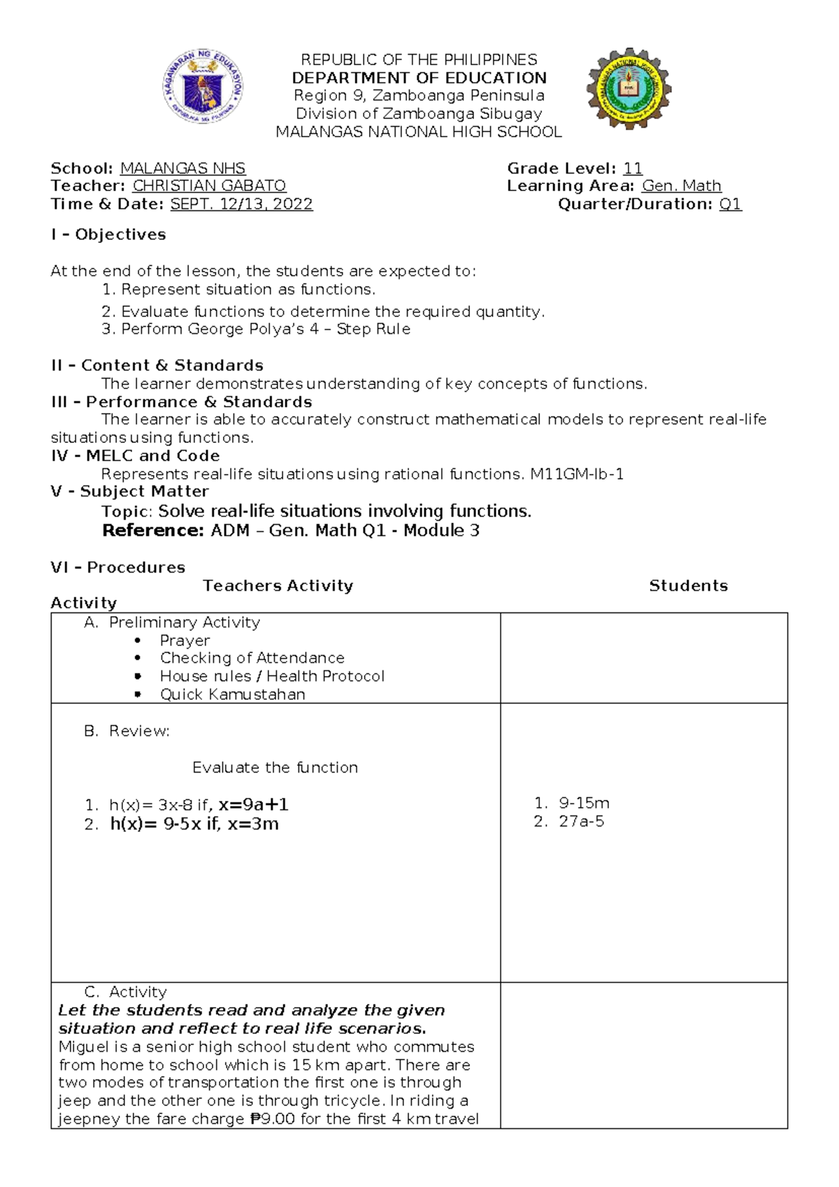 Gen. Math 11 Q1 - Lesson Plan: Functions & Real-Life Applications - Studocu