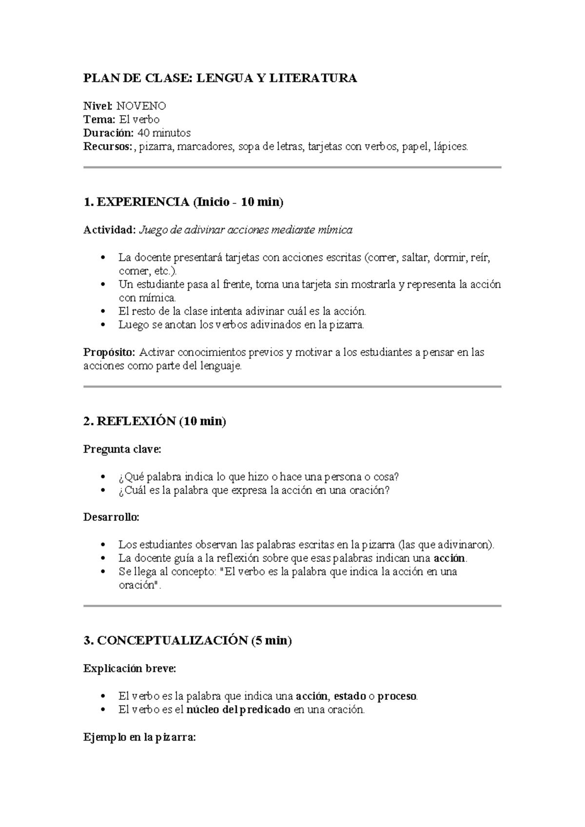 PLAN DE CLASE: LENGUA Y LITERATURA 9° - El Verbo y sus Aplicaciones - Studocu