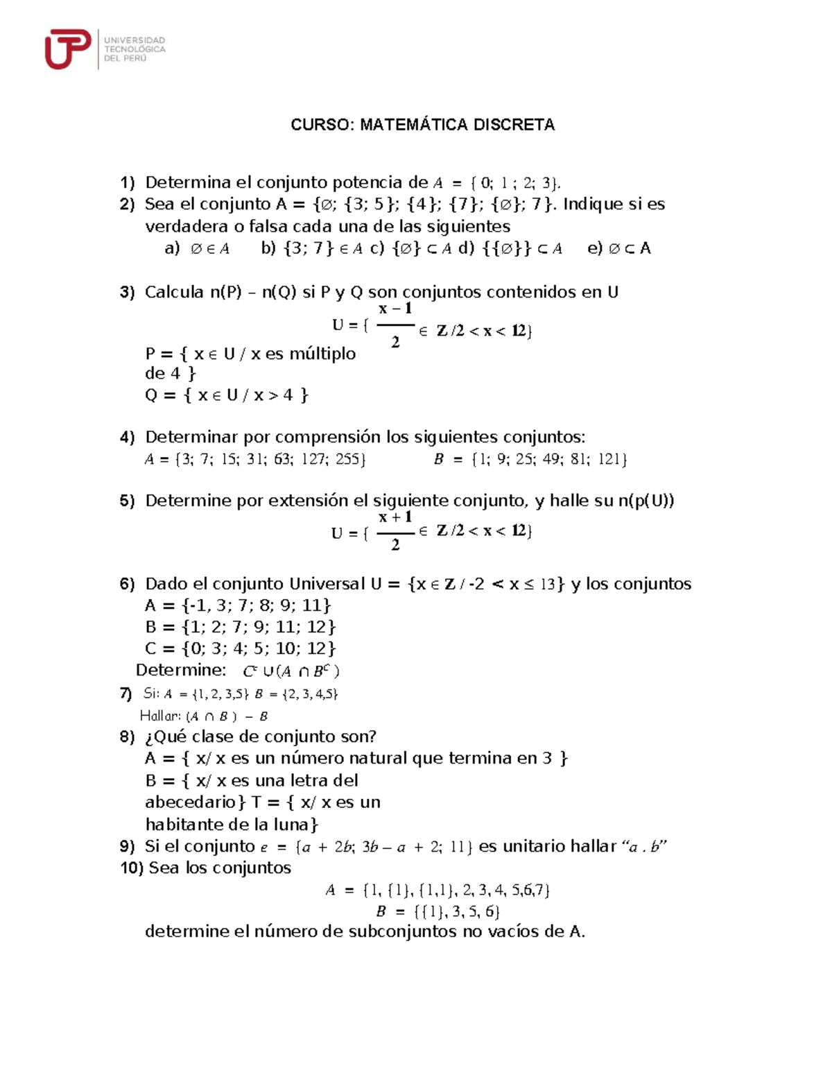 Tarea Académica 1 - MAT 101: Conjuntos y Potencias en Matemática Discreta - Studocu