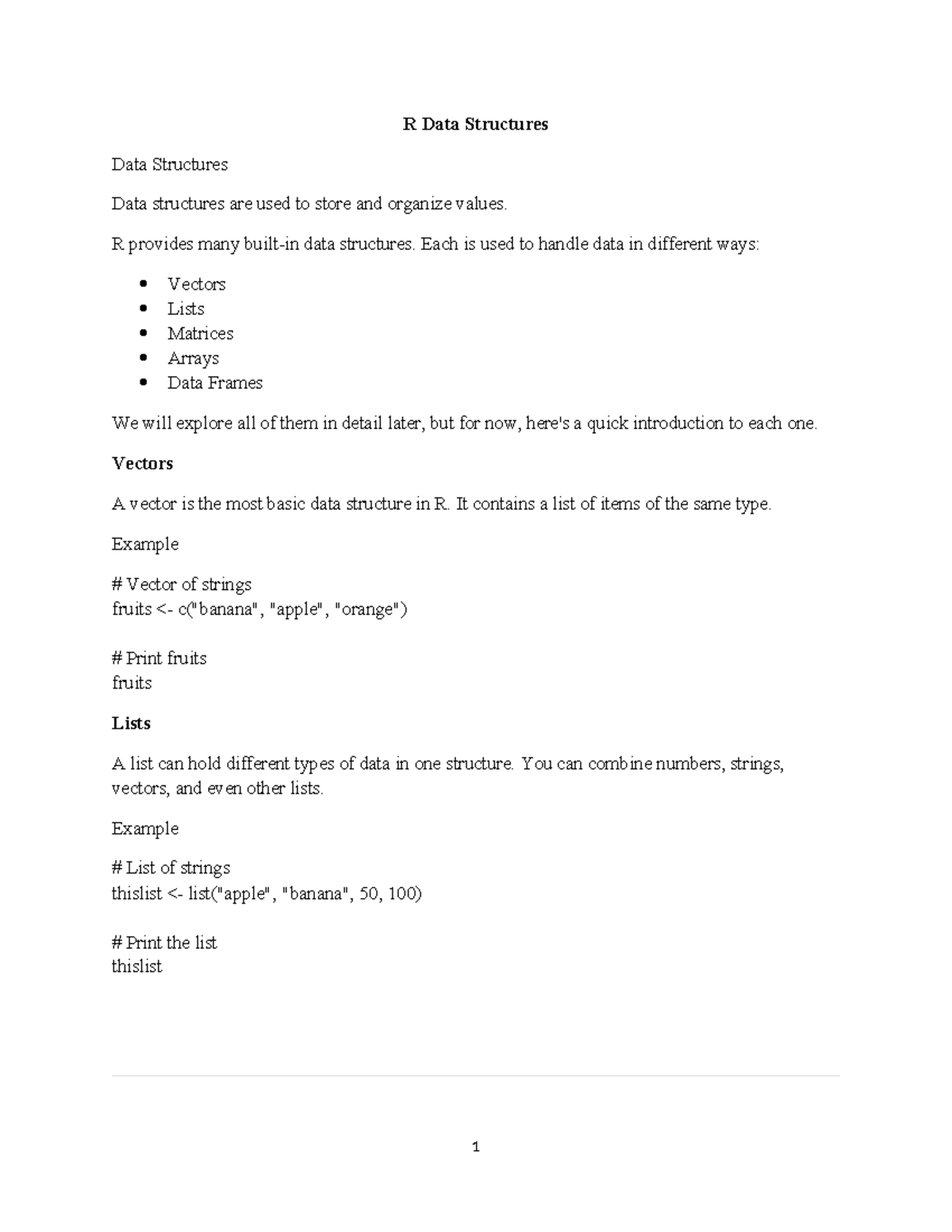 R Data Structures Overview: Vectors, Lists, Matrices, Arrays, Data ...