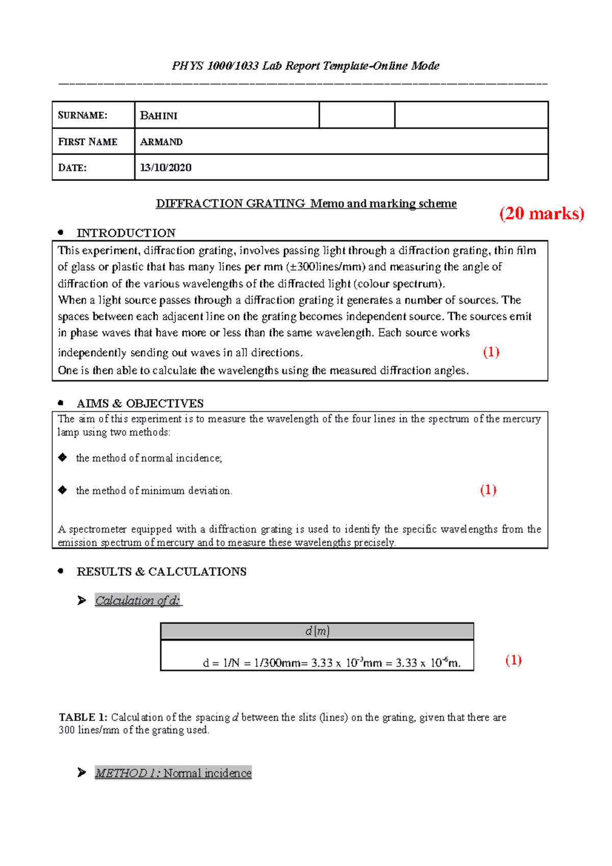 PHYS 1000/1033 - Lab Report on Diffraction Grating Experiment - Studocu