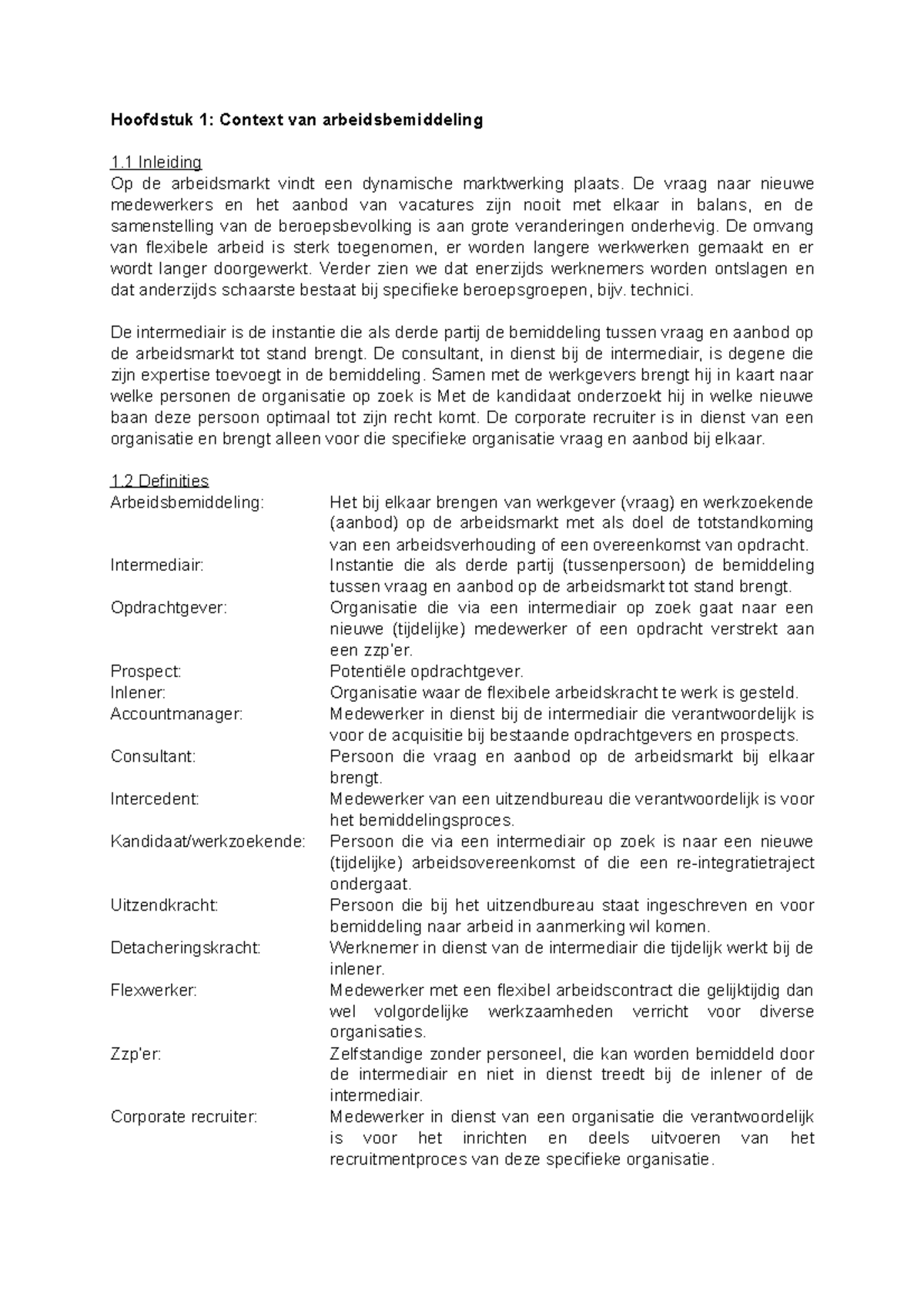 Samenvatting Arbeidsbemiddeling: Hoofdstuk 1 en 2 Overzicht - Studeersnel