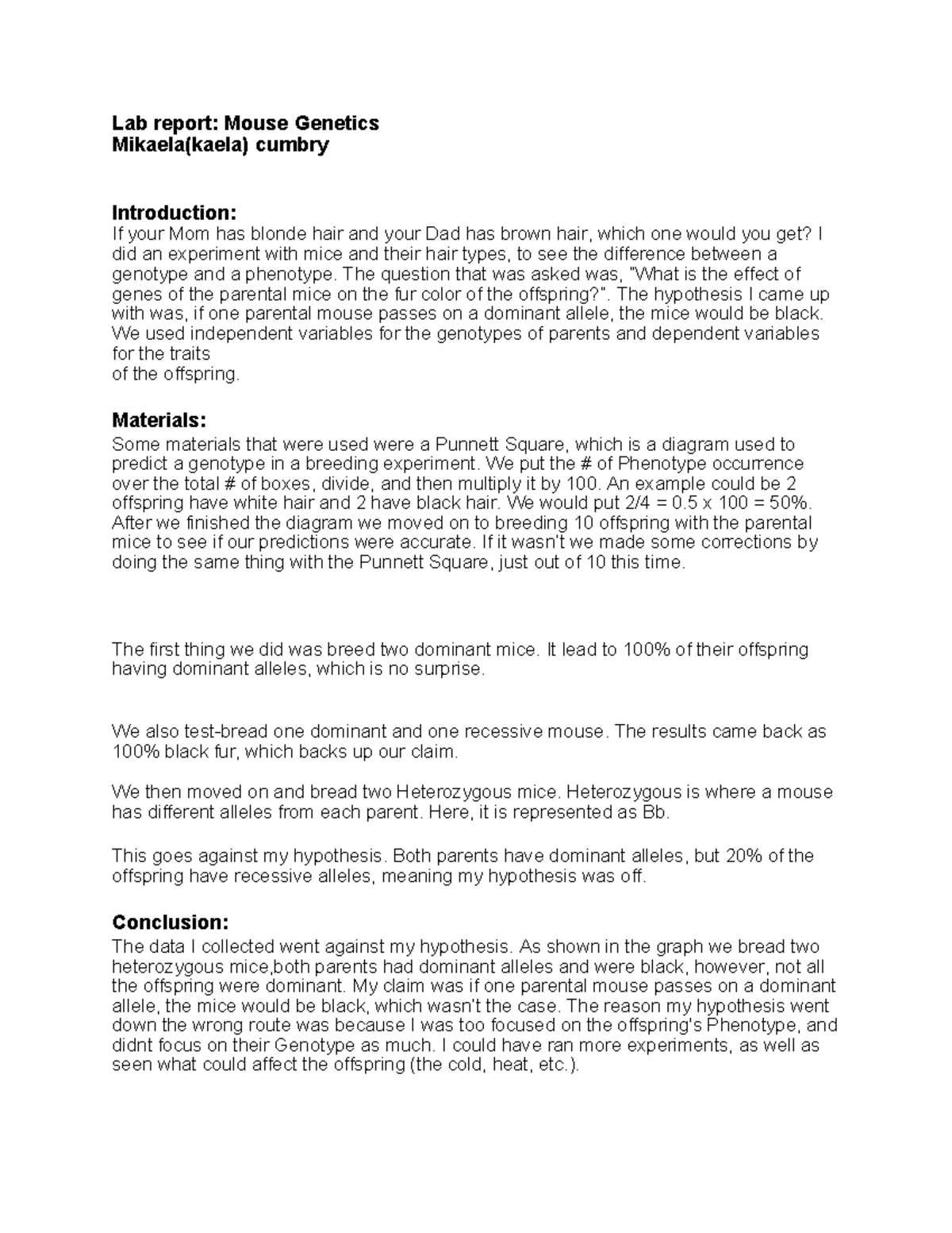 Lab report Mouse Genetics - Lab report: Mouse Genetics Mikaela(kaela ...