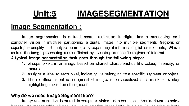 DIP Unit 5: Comprehensive Guide to Image Segmentation Techniques - Studocu