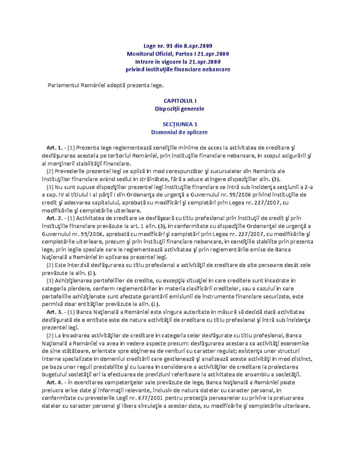 BNR - legislatie 93 din 2009 - Lege nr. 93 din 8. Monitorul Oficial ...