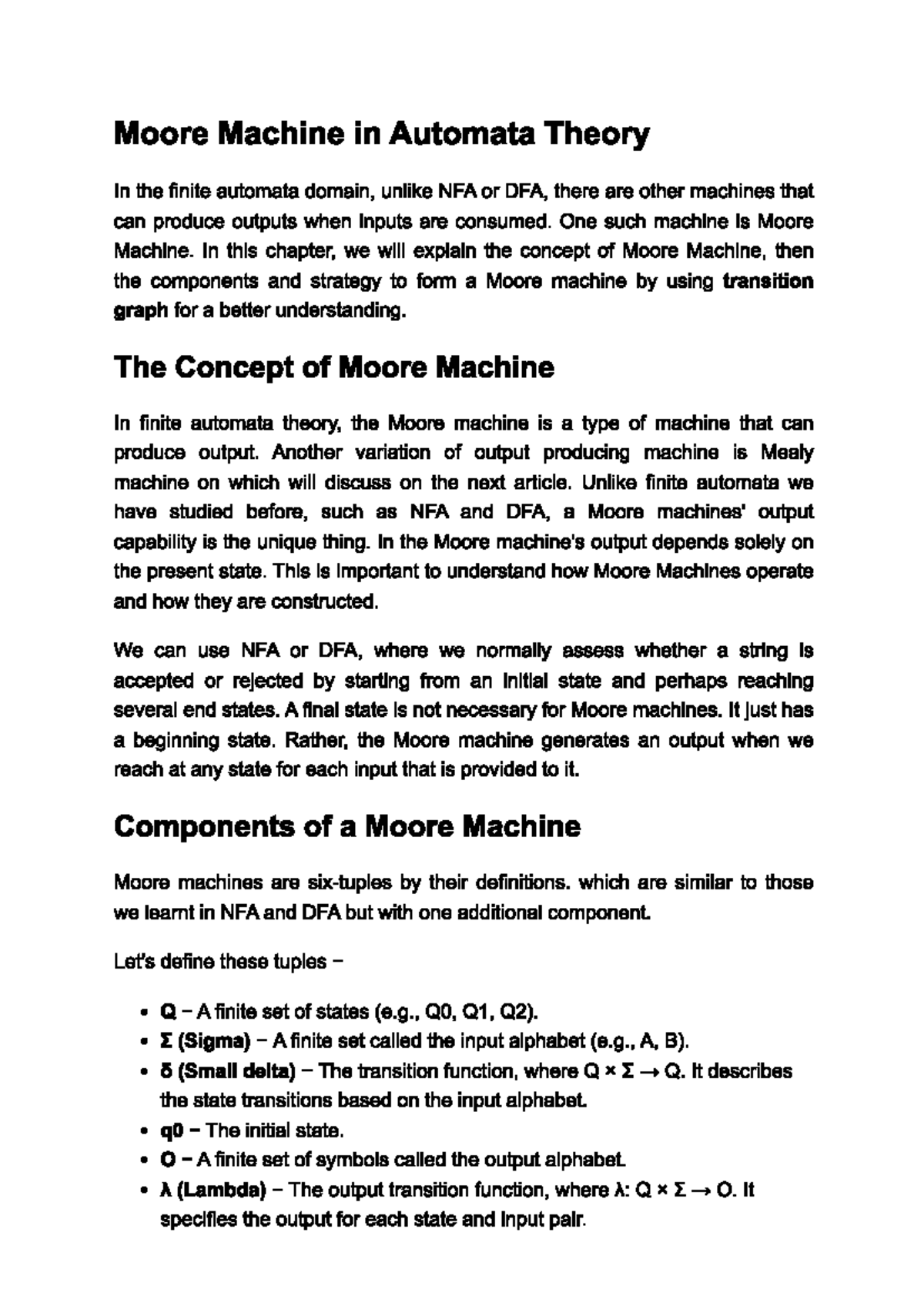 6- Moore Machine in Automata Theory: Concepts and Examples - Studocu