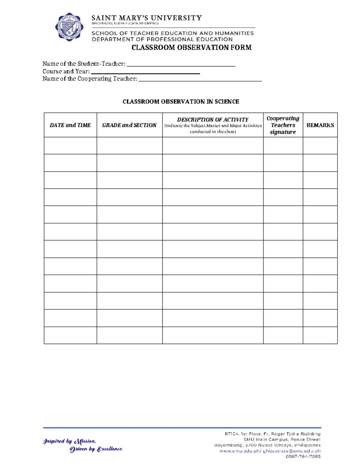 Classroom Observation Form - CLASSROOM OBSERVATION FORM Name of the ...