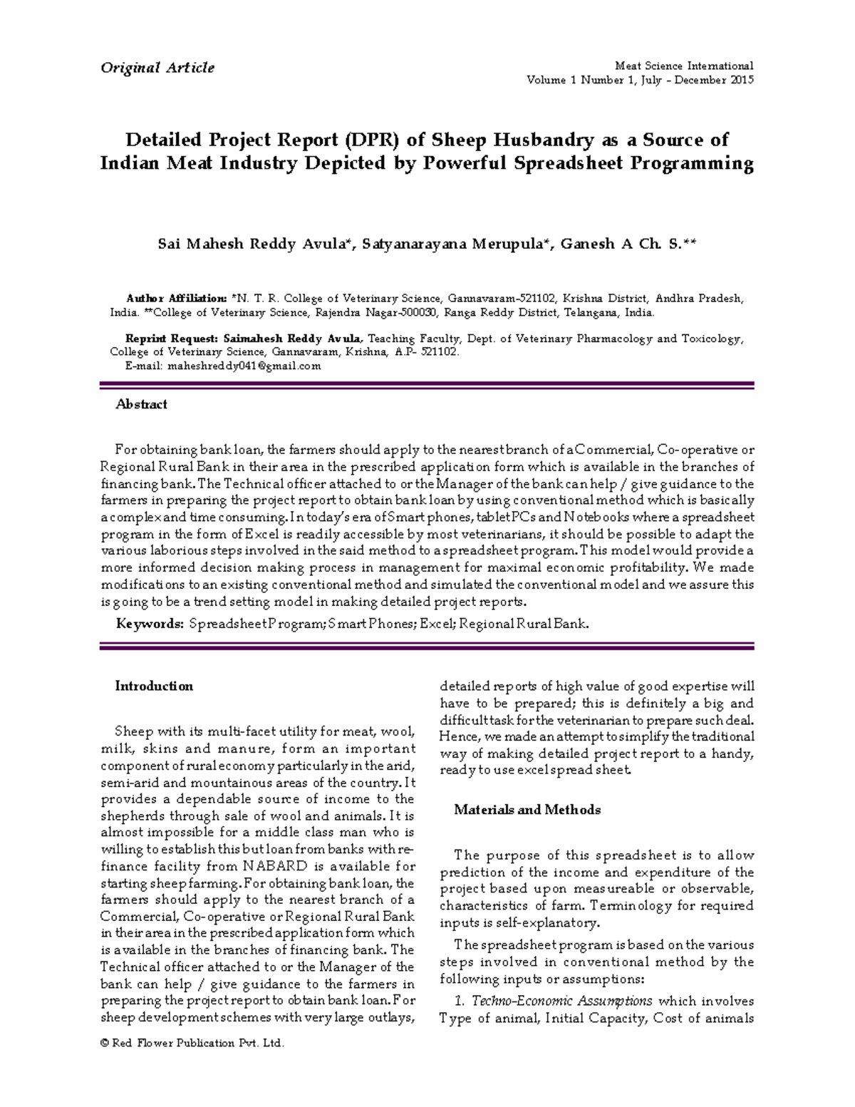 DPR of Sheep Husbandry: Spreadsheet Model for Indian Meat Industry (MSI ...