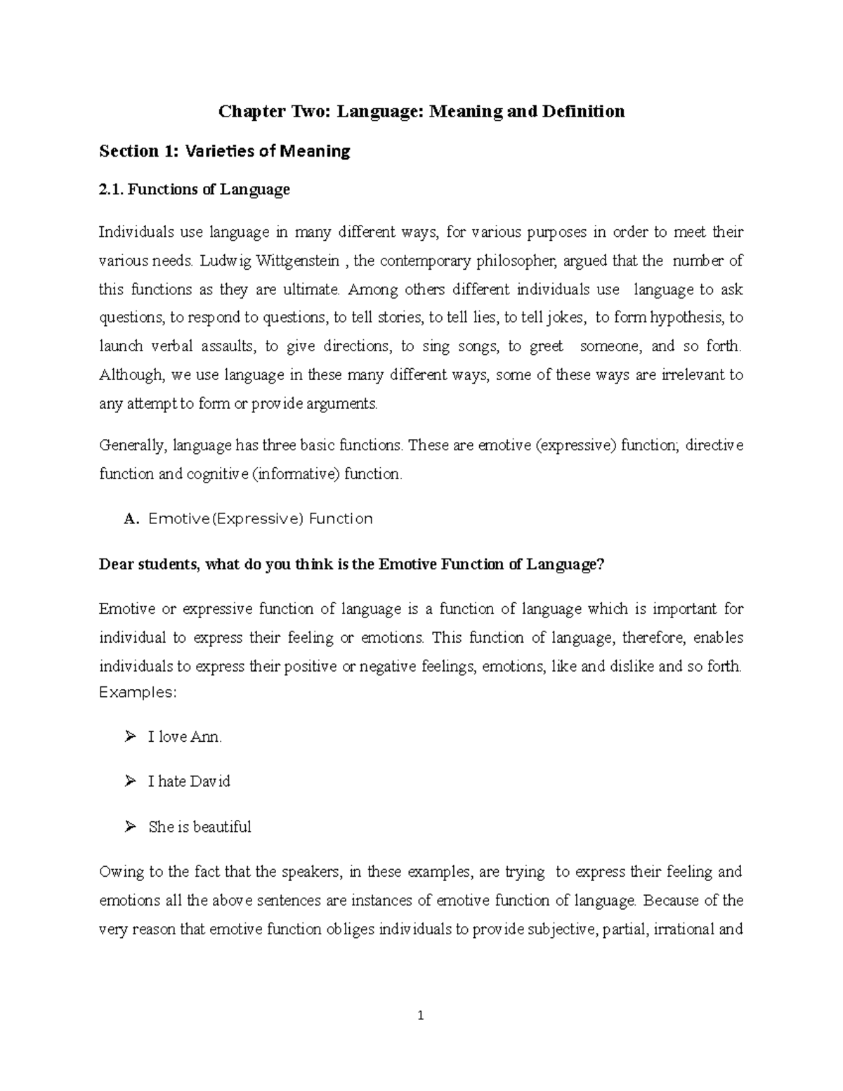 Logic ch 2 - lecture notes - Chapter Two: Language: Meaning and ...