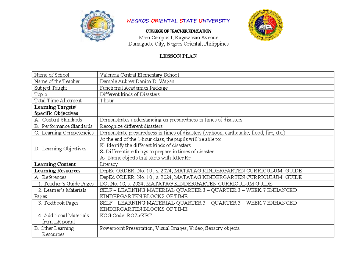 KINDERGARTEN LESSON PLAN: DISASTER PREPAREDNESS (LP 075807) - Studocu