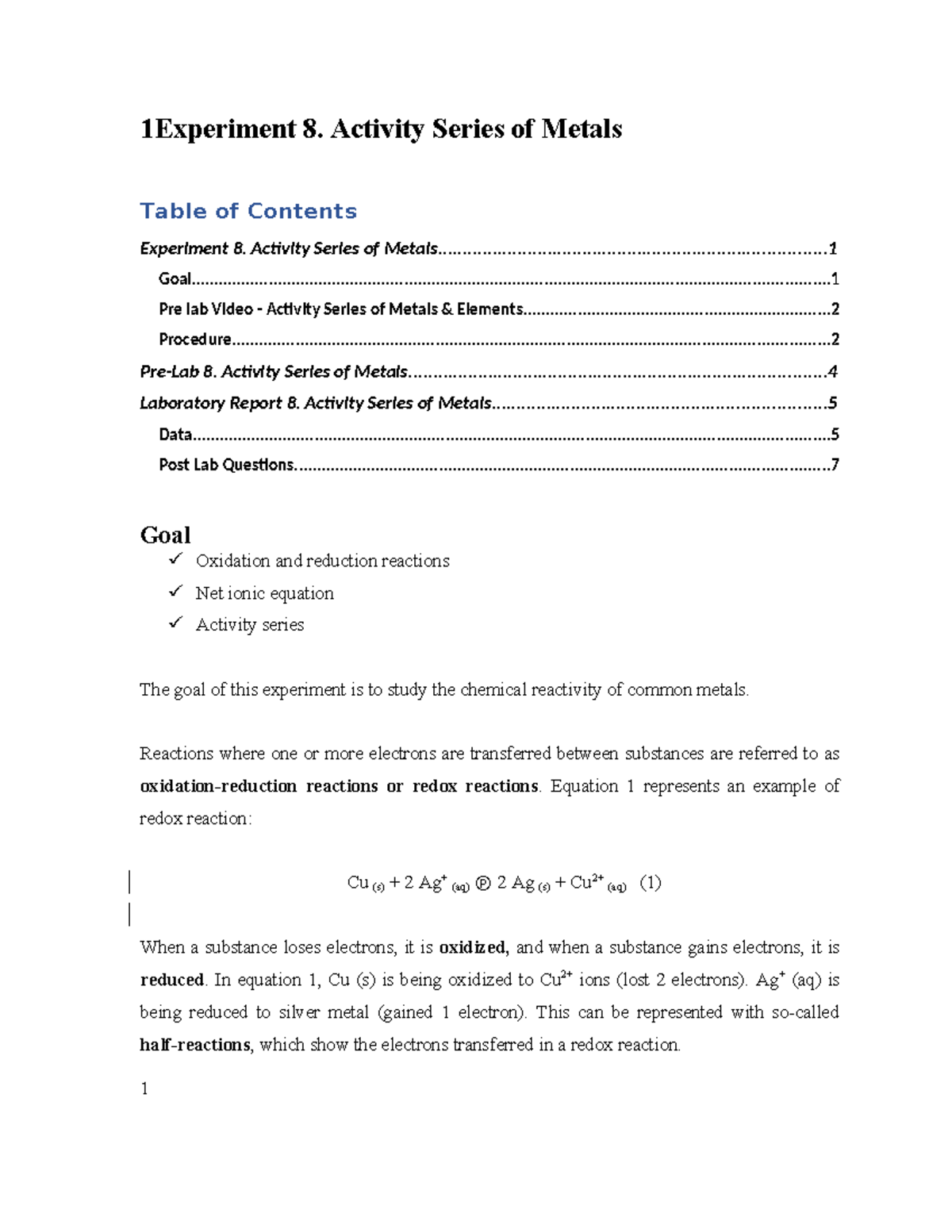 Experiment 8: Activity Series of Metals Lab Report and Analysis - Studocu
