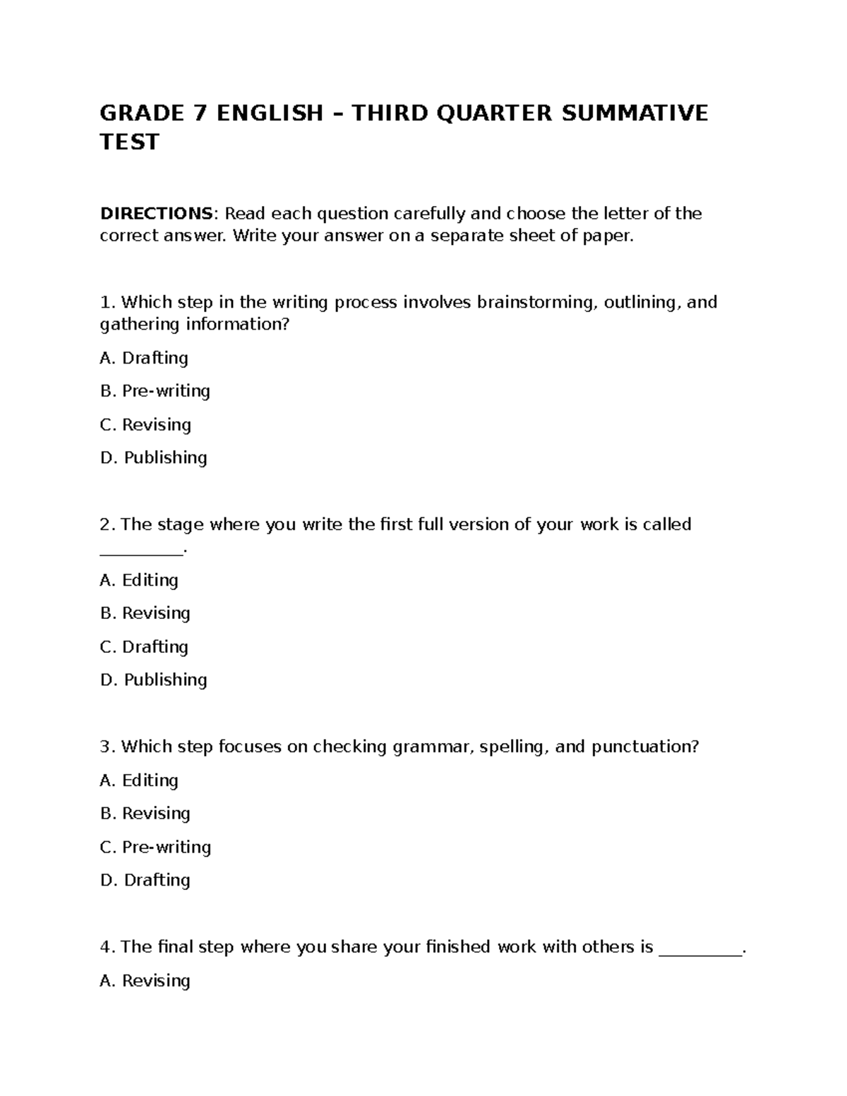 GRADE 7 ENGLISH 3RD QUARTER SUMMATIVE TEST QUESTIONS - Studocu