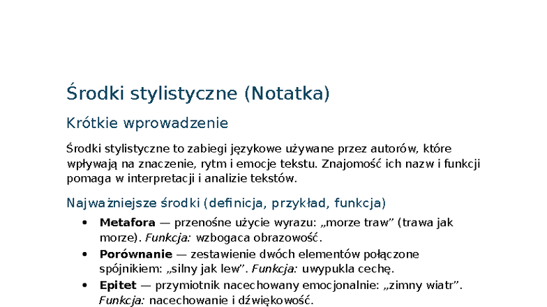 Środki stylistyczne (Notatka) - Analiza wiersza krok po kroku - Studocu