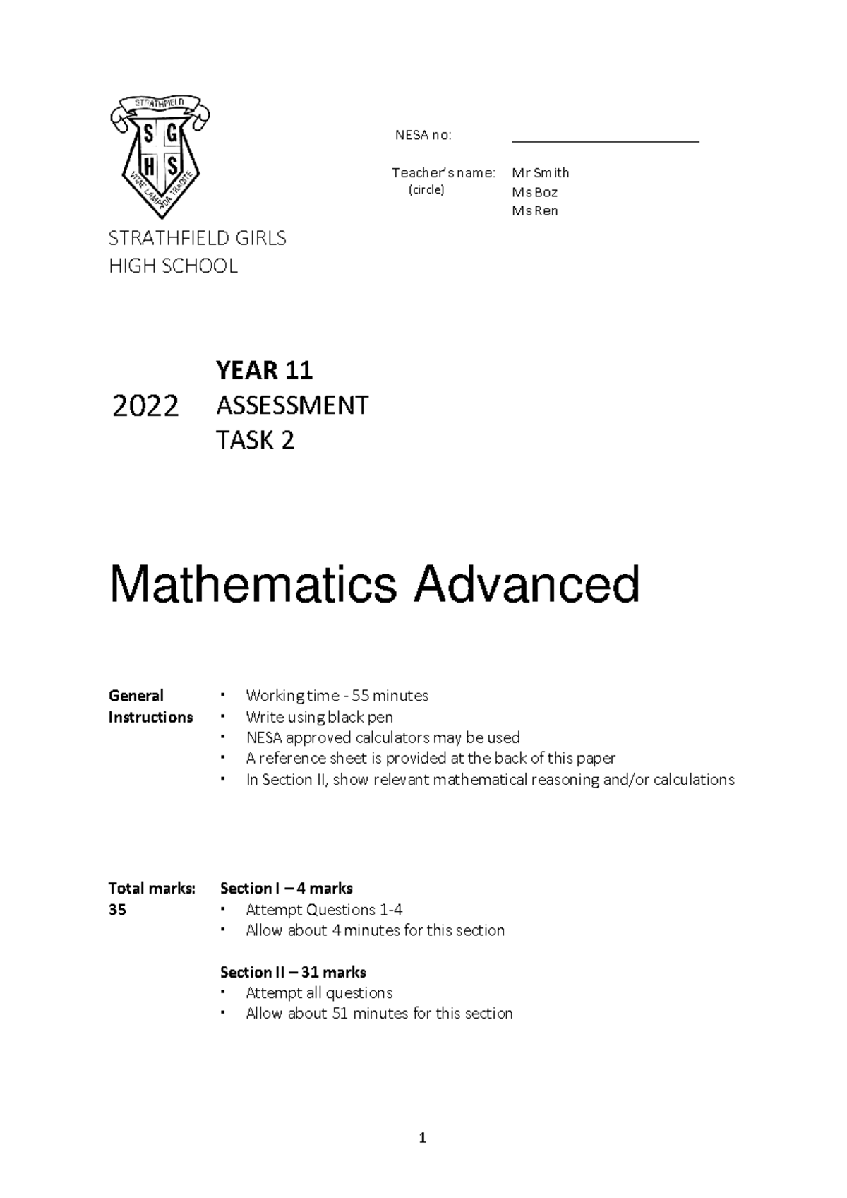 Year 11 Maths advanced trigonometric functions - STRATHFIELD GIRLS HIGH ...