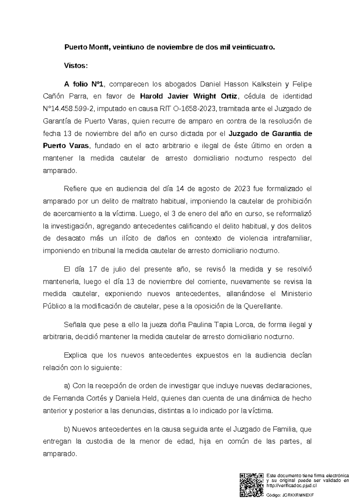 Amparo de Harold Wright Ortiz ante la Corte de Puerto Varas - Studocu