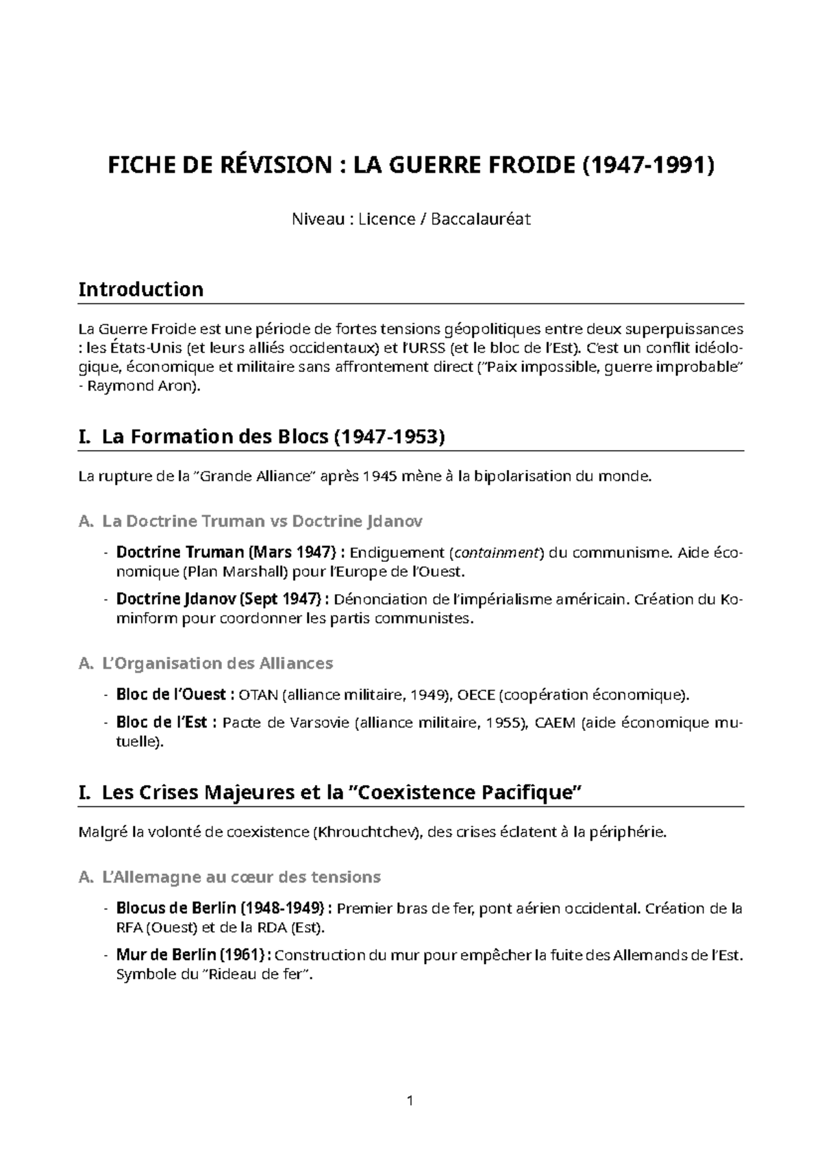 FICHE DE RÉVISION : LA GUERRE FROIDE - NIVEAU LICENCE - Studocu
