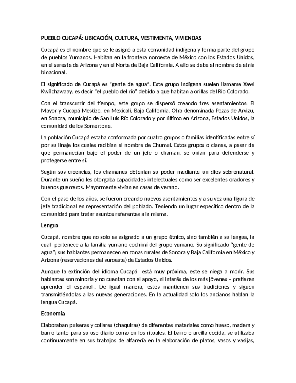 Cultura y Tradiciones del Pueblo Cucapá: Ubicación y Economía - Studocu