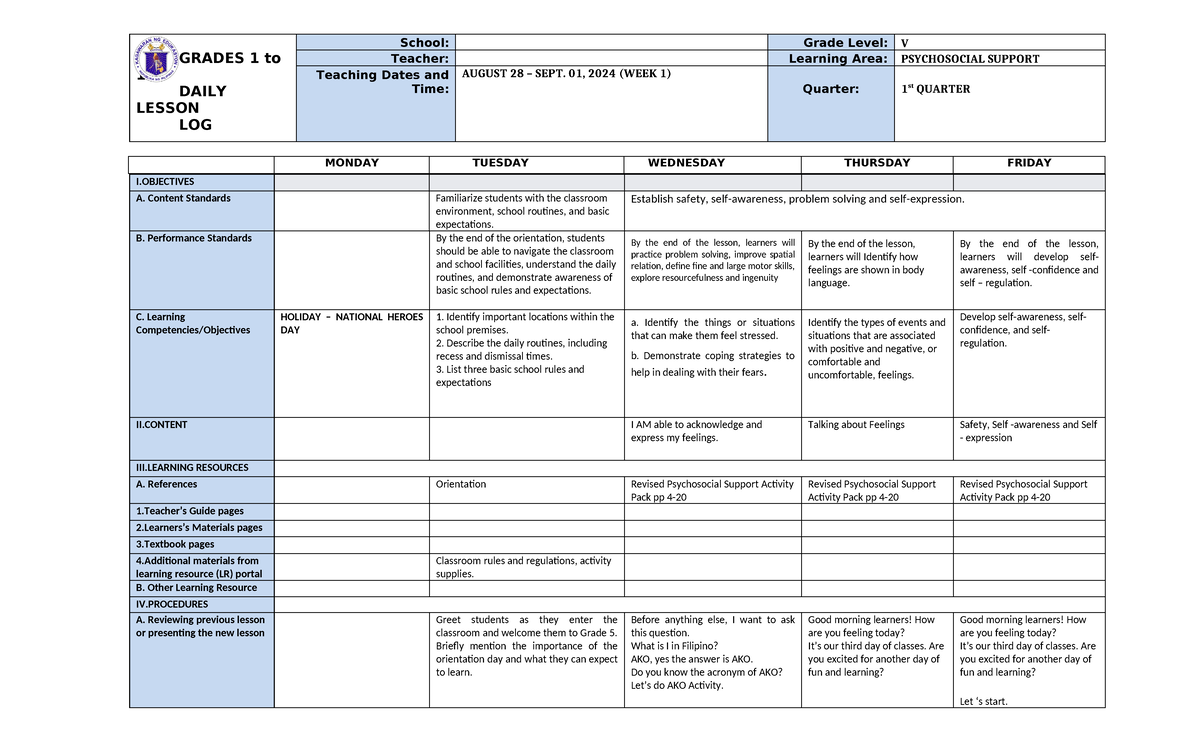 WEEK 1 Quarter 1 DLL Psychosocial Support Lesson Plan for Grade 5 - Studocu