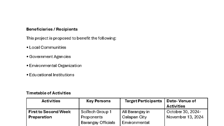 SciTech Project Beneficiaries and Activities Plan - Studocu