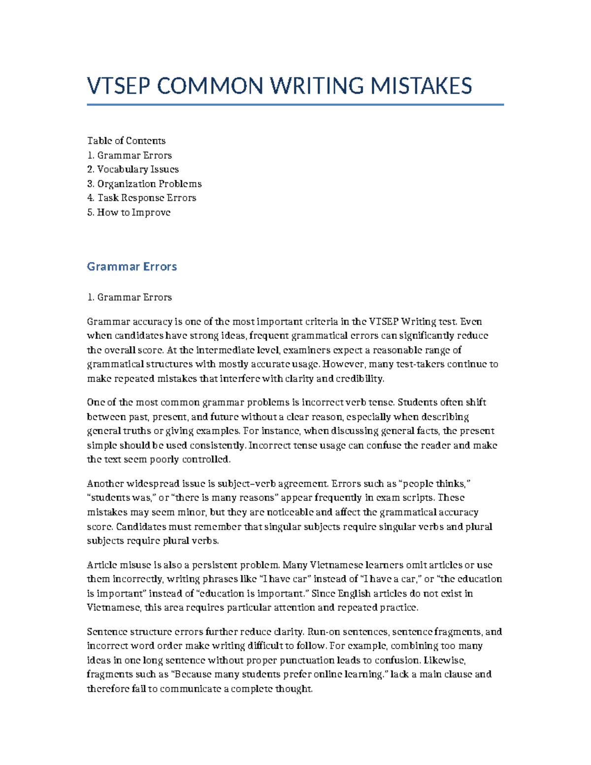 VTSEP Writing Mistakes: Common Errors & Improvement Strategies - Studocu