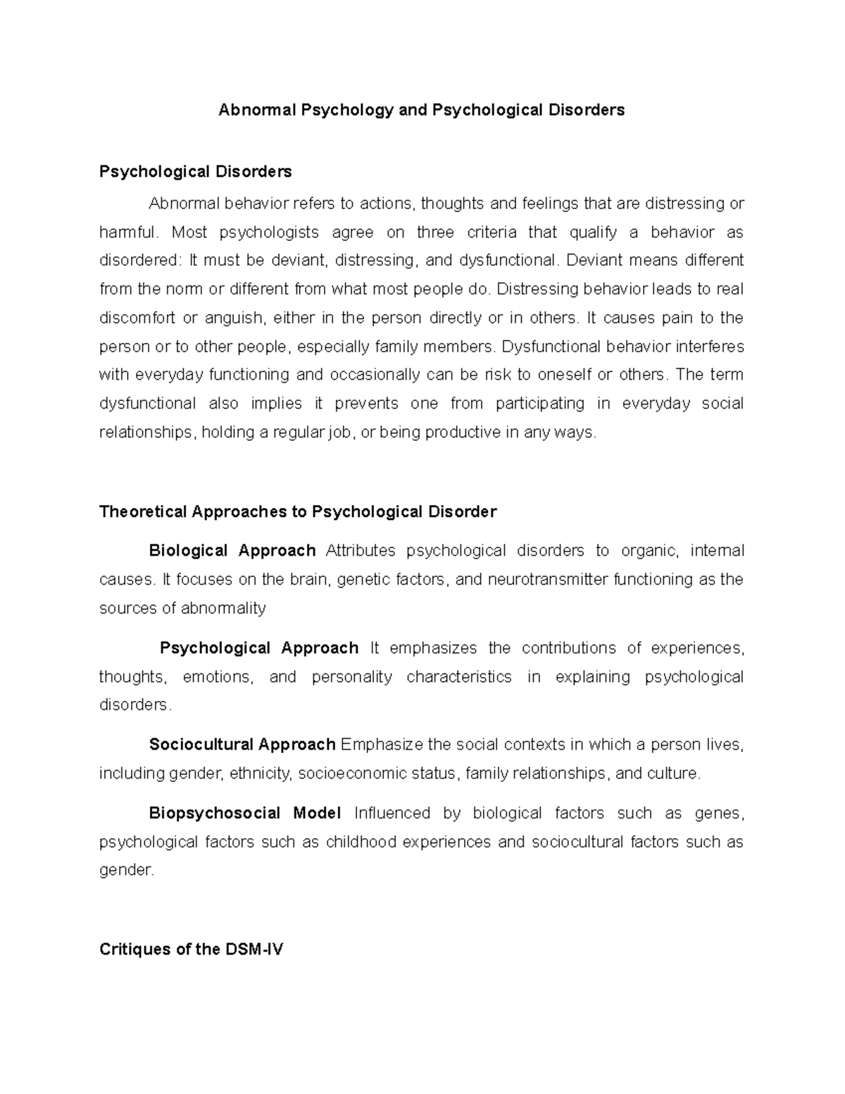 Lecture Notes - General Psychology [Abnormal Psychology and ...