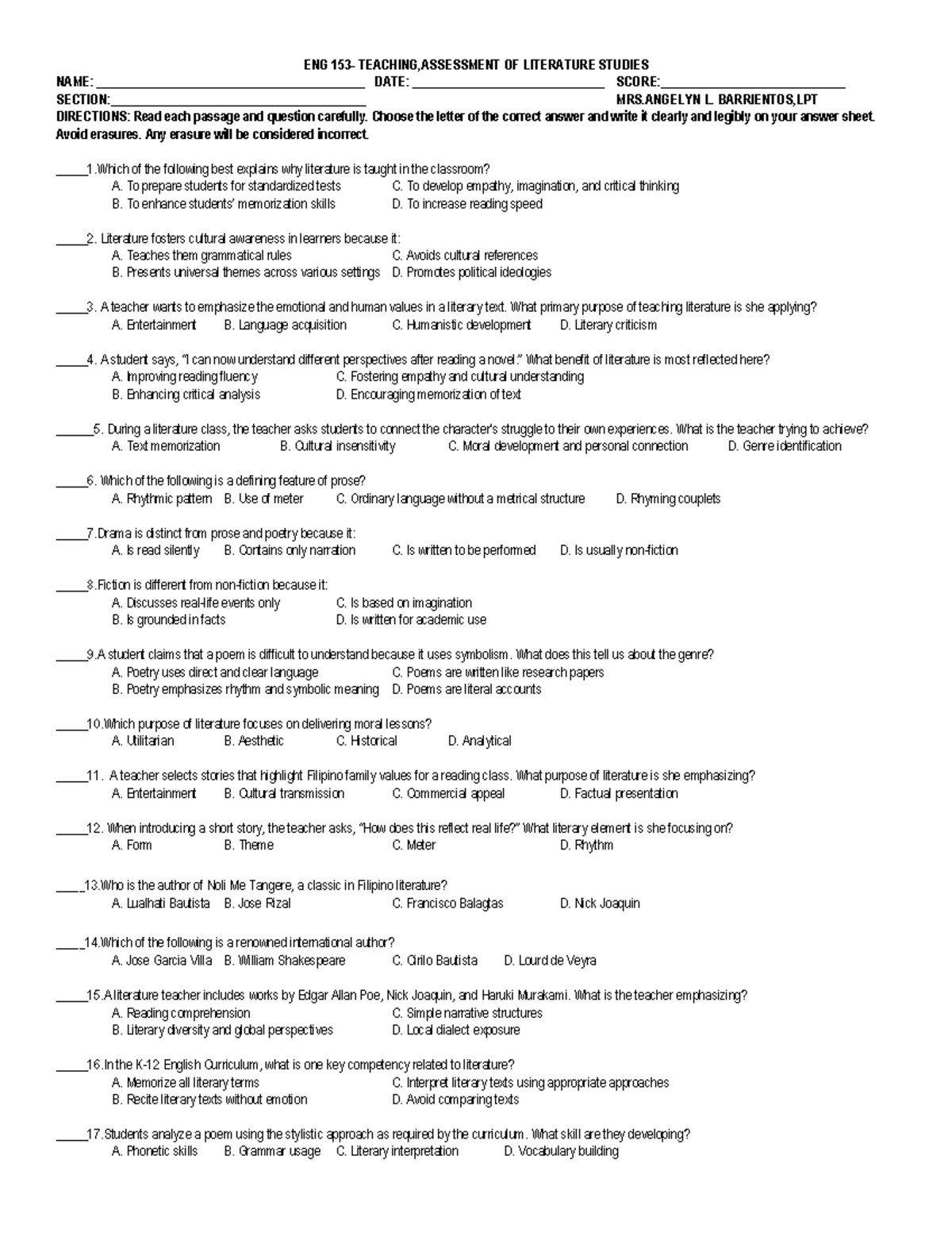 ENG 153 Final Exam: Teaching Assessment in Literature Studies - Studocu