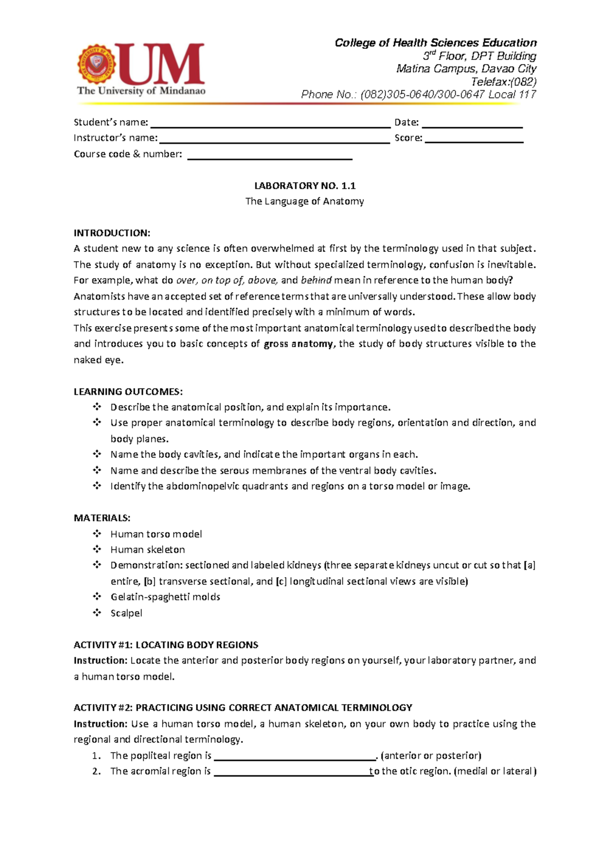 LAB Manual 1: Exploring Anatomical Terminology & Body Structures - Studocu
