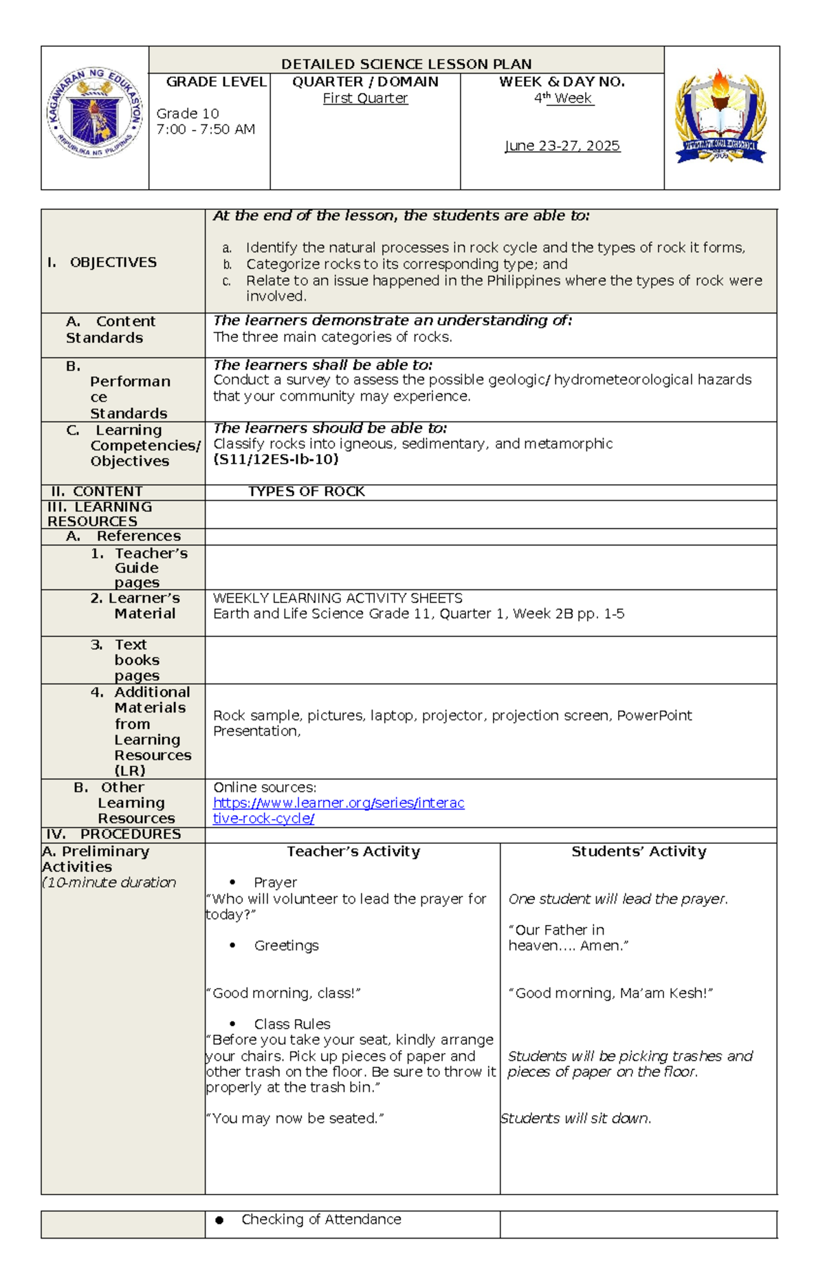 DLP Grades 10-11 Types of Rock - DETAILED SCIENCE LESSON PLAN GRADE ...