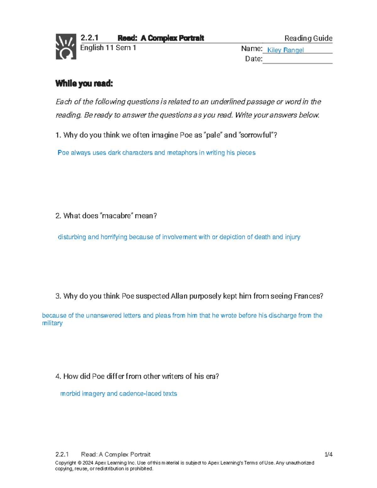 English 11 Sem 1: Reading Guide for A Complex Portrait of Poe - Studocu