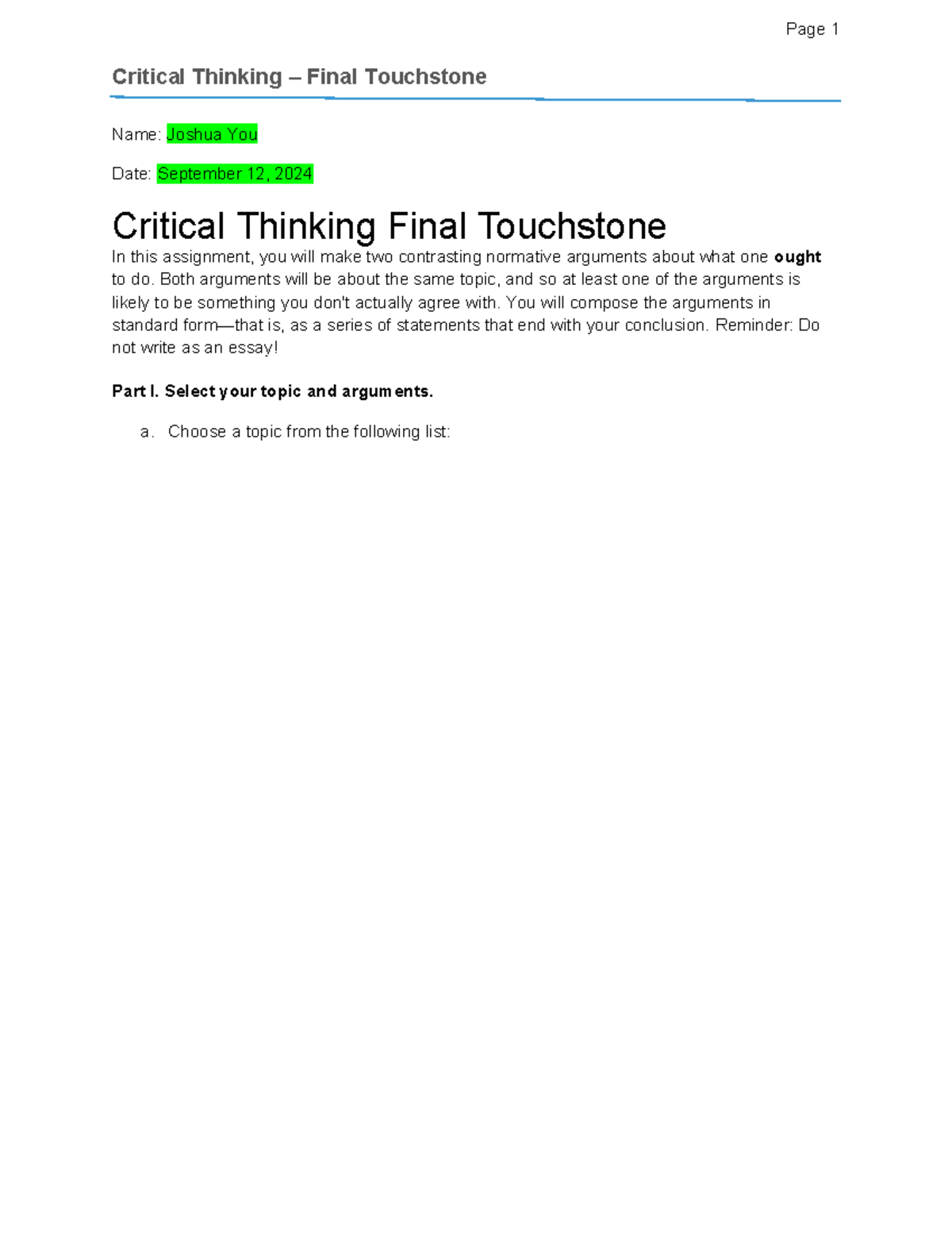 Critical Thinking CT4: Final Touchstone Assignment Guide - Studocu