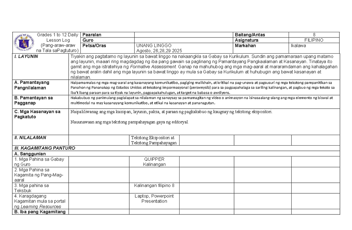 Grade 8 FILIPINO 2nd Quarter Lesson Log - Week 2 (Agosto 2025) - Studocu