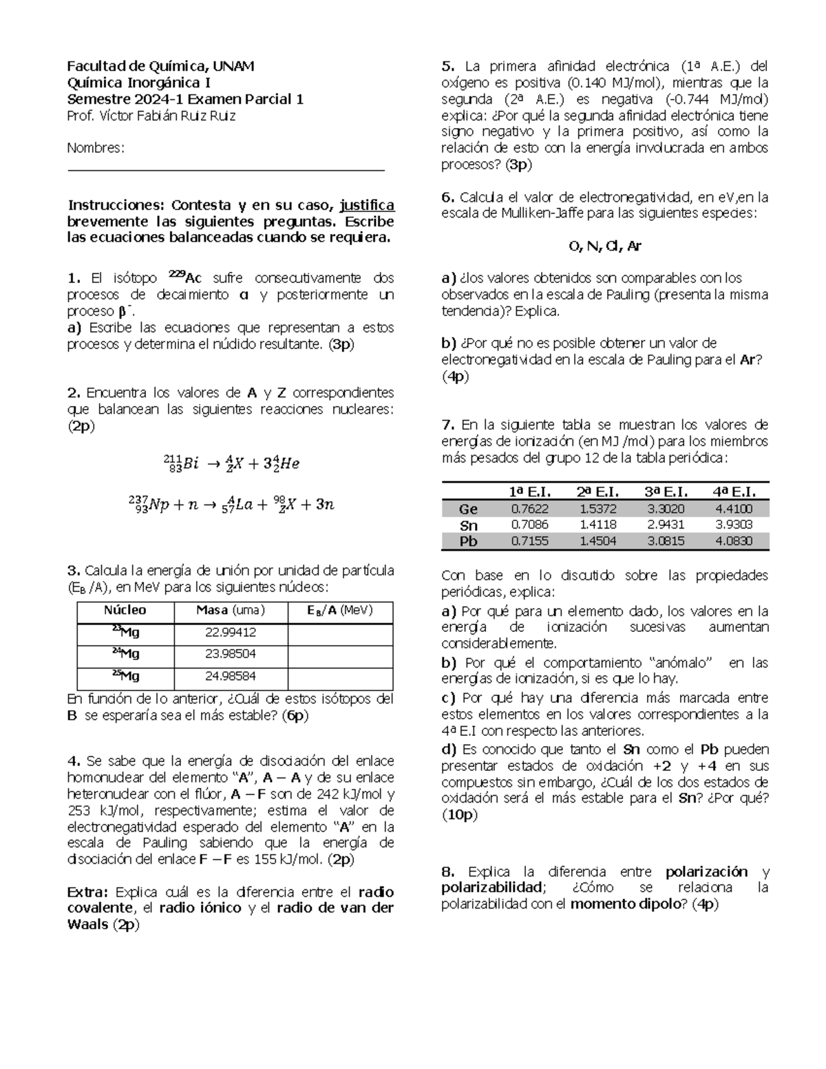Examen Parcial 1 Química Inorgánica I - Semestre 2024-1 - Studocu