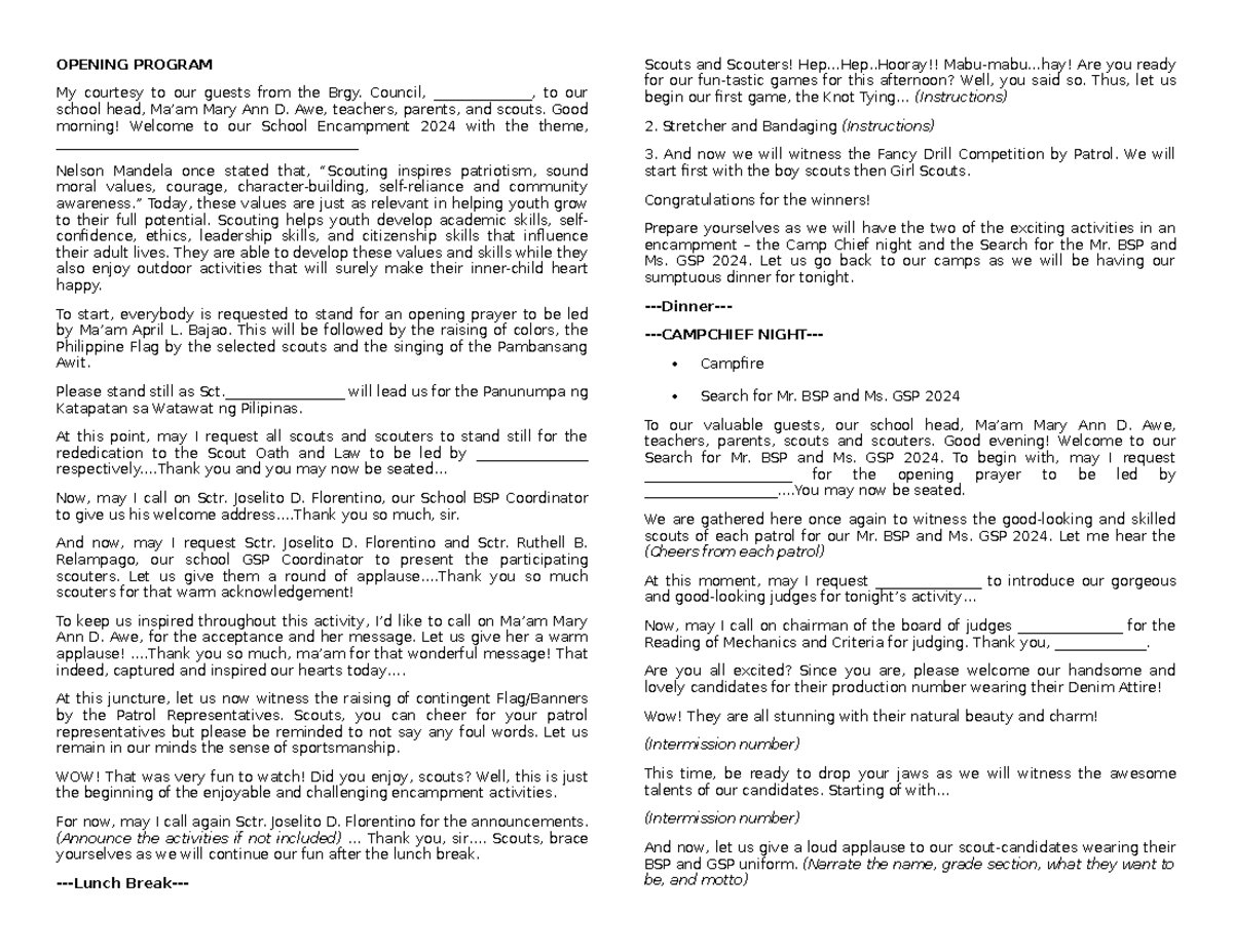 BSP GSP 2024 School Encampment Opening Program Script - Studocu