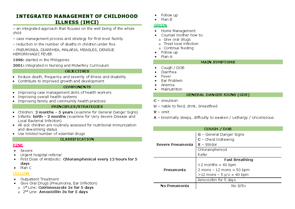 IMCI - Integrated Management of Childhood Illness Reviewer Notes - Studocu