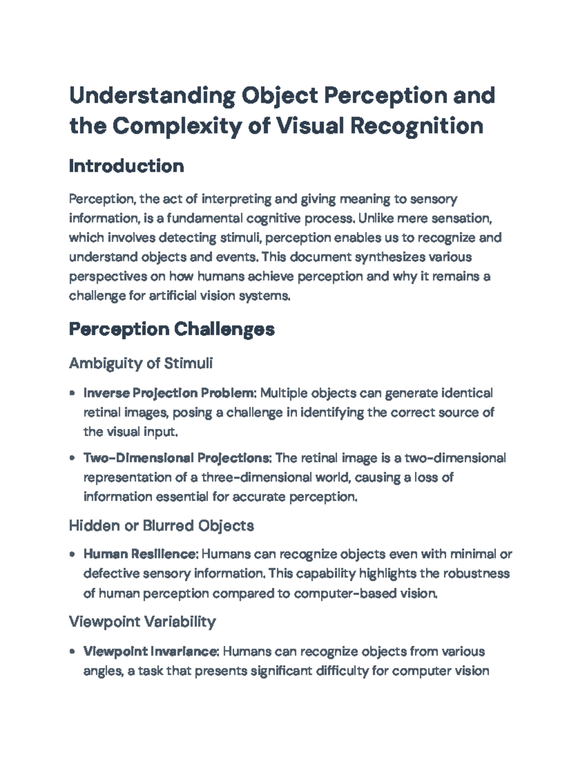 Understanding Visual Perception: Challenges and Theoretical ...