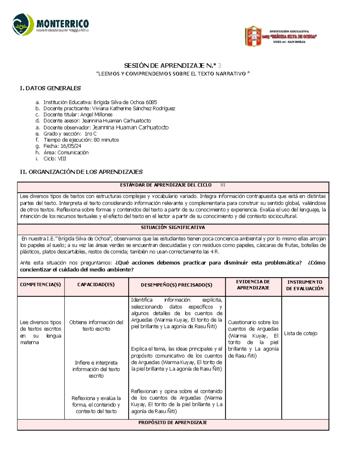 Sesión de Aprendizaje N° 3: Comprendiendo el Texto Narrativo - Studocu