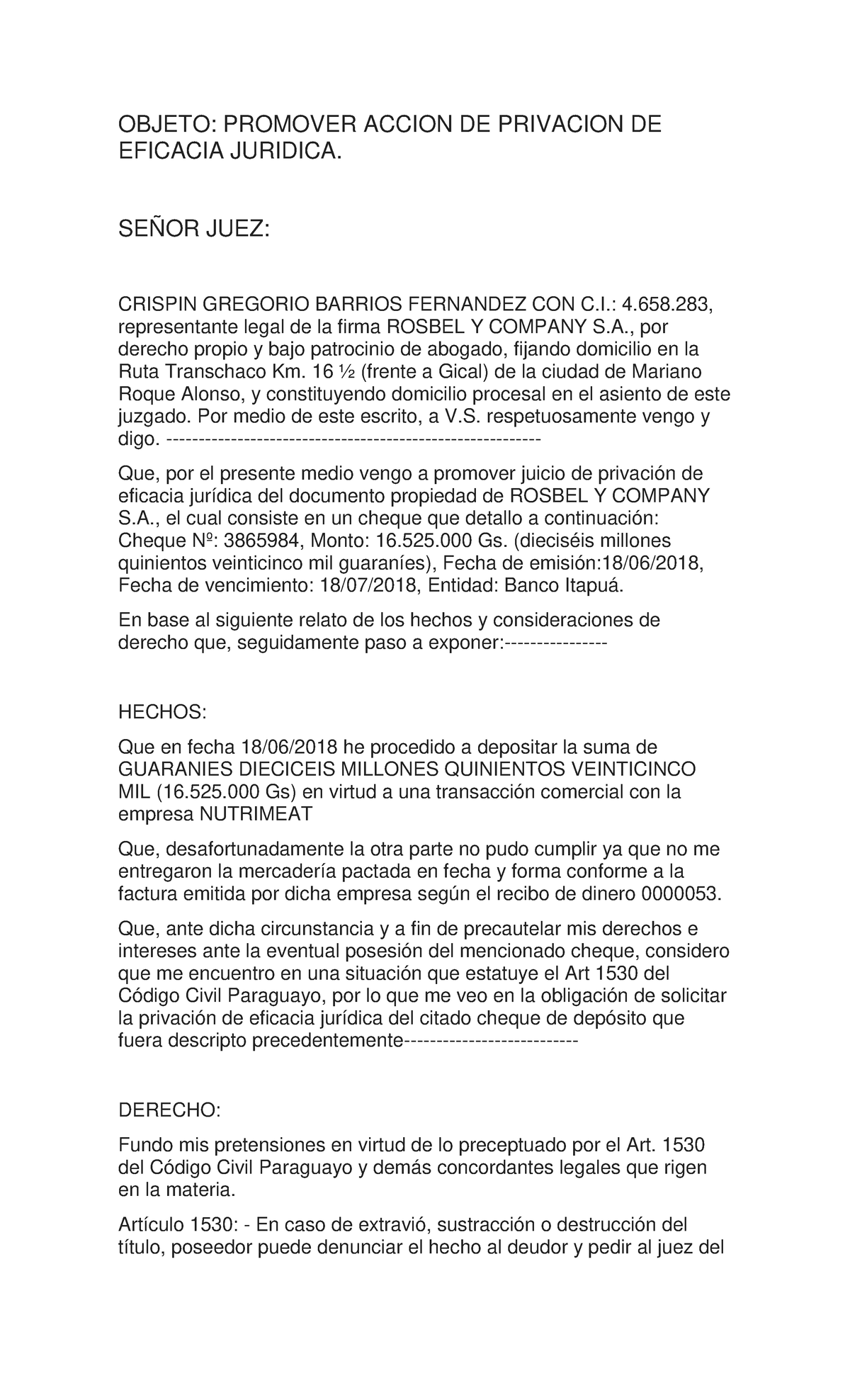 Acción de Privación de Eficacia Jurídica del Cheque - Caso Crispi B ...
