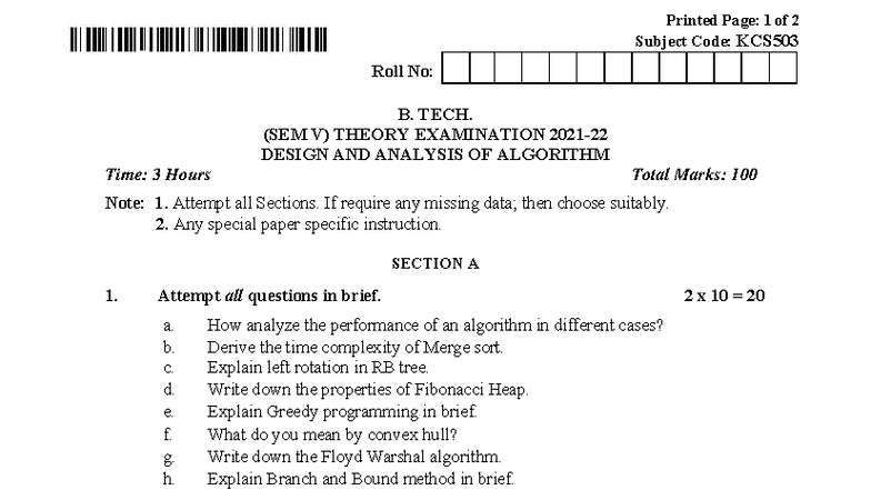 Design and Analysis of Algorithms - KCS503 Final Exam 2021 - Studocu